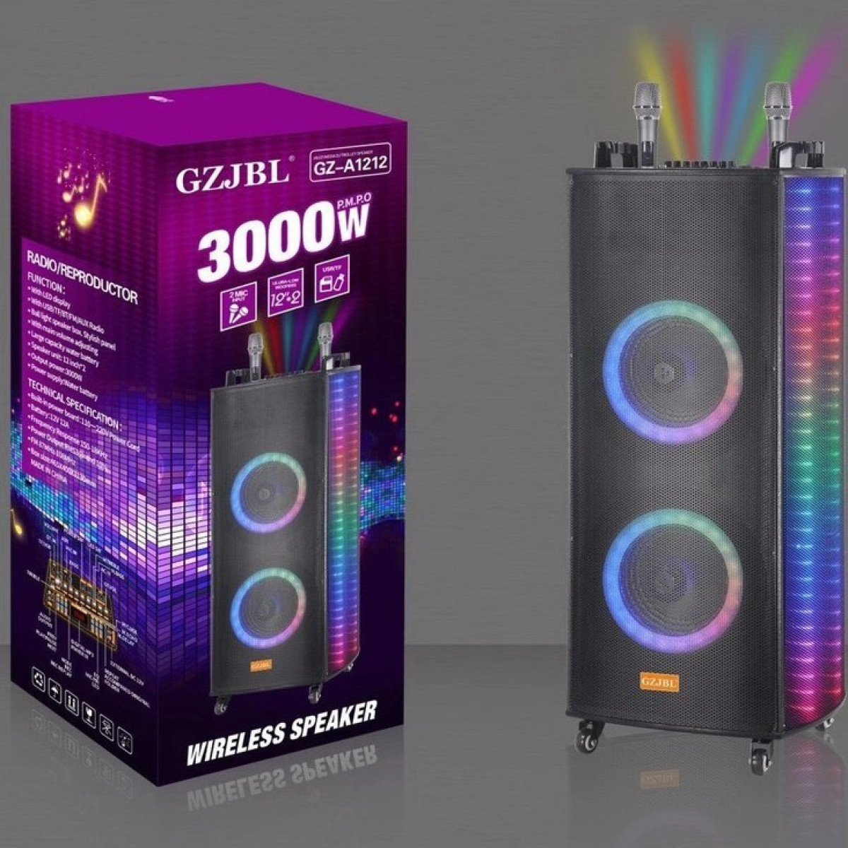 Bezvadu Bluetooth skaļrunis - skaļrunis ar RGB LED gaismām 3000W GZ ...